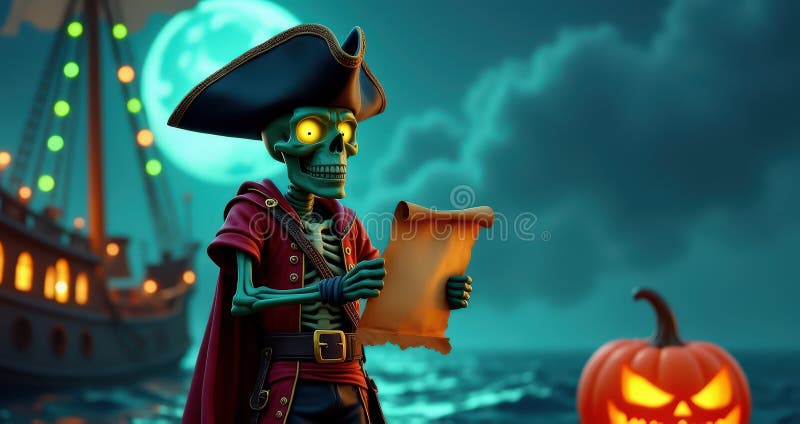 Skeleton Pirate Reading Map on Halloween Night Stock Image - Image of ...