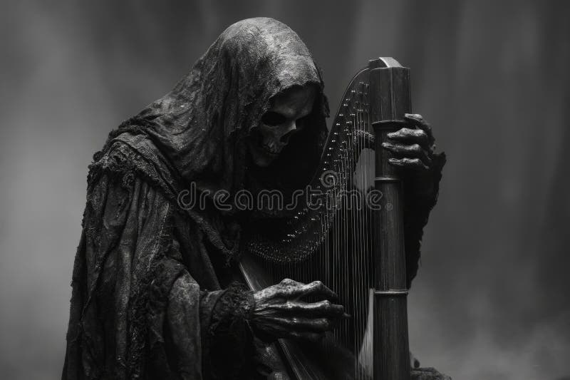 Skeleton Playing Harp in Dark Room with Dramatic Lighting Stock Image ...