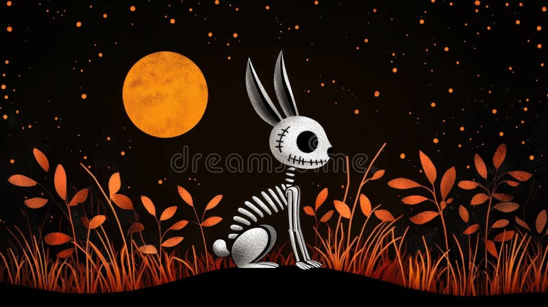 Skeleton Rabbit with Moon Backdrop and Autumn Leaves Spooky Halloween ...