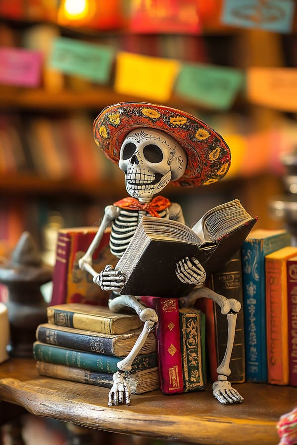 Skeleton Reading a Book while Wearing a Sombrero in a Colorful Library ...