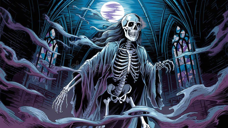 Skeleton Reaper in Haunted Cathedral with Dramatic Moonlight Vector Art ...