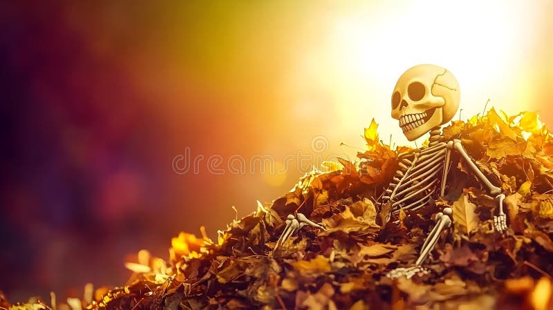 A Skeleton Relaxing among Autumn Leaves, Illuminated by Warm Sunlight ...
