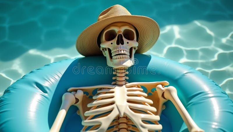 Skeleton Relaxing on Inflatable Pool Float Wearing Straw Hat in Sunlit ...