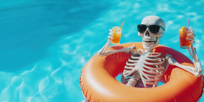 Skeleton Relaxing in Pool with Drinks, Sunglasses, and Float Stock ...
