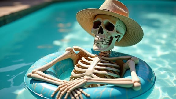 Skeleton Relaxing in Pool with Straw Hat on Sunny Day Stock ...
