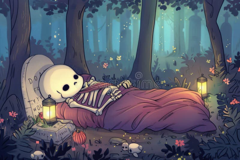 Skeleton Resting in Enchanted Forest for Halloween Night Scene Design ...