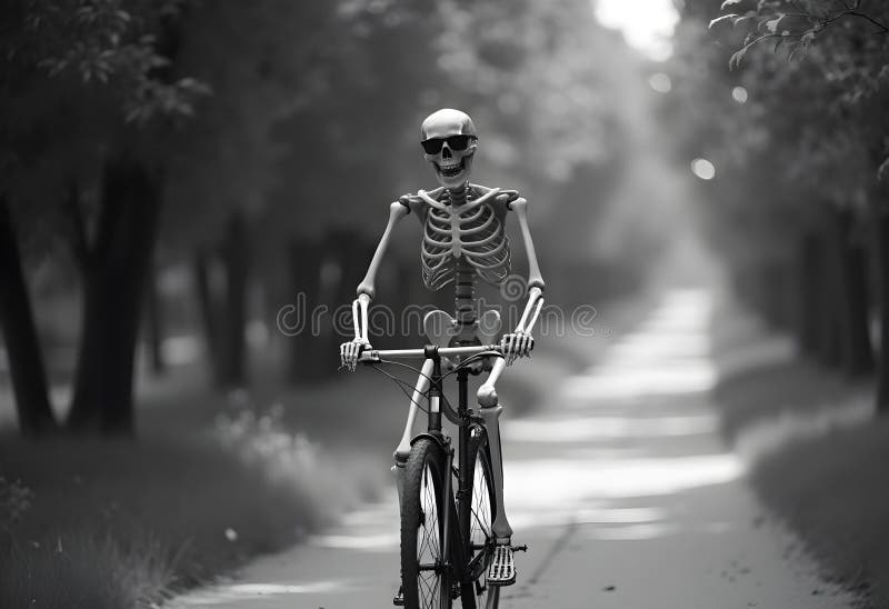 Skeleton Riding Bicycle on Tree Lined Path Creates Whimsical Stock ...