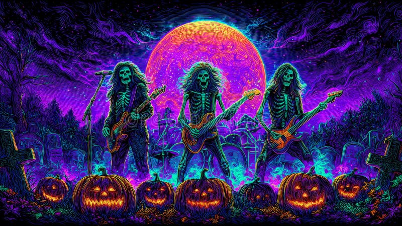 Skeleton Rock Band Performing in a Graveyard with Glowing Pumpkins ...