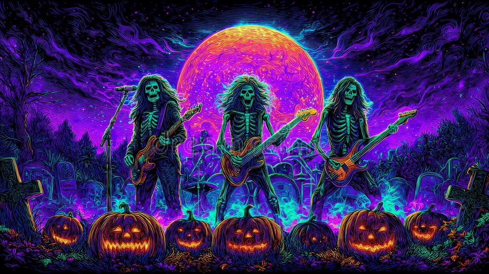 Skeleton Rock Band Performing in a Graveyard with Glowing Pumpkins ...