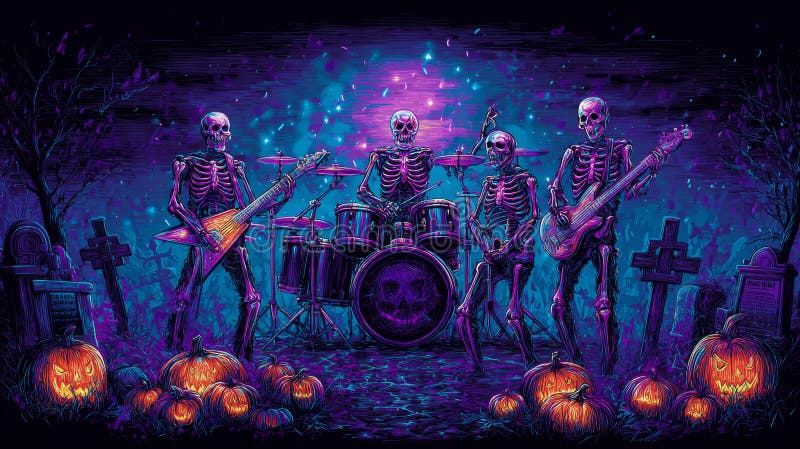 Skeleton Rock Band Performing in a Graveyard with Glowing Pumpkins ...