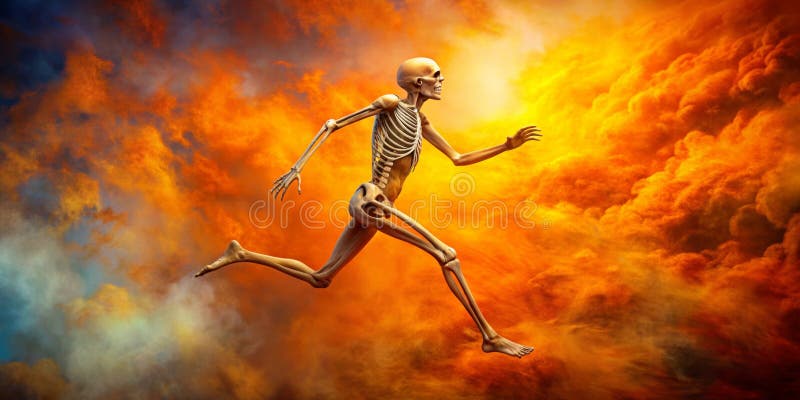Skeleton Running through Fiery Clouds Stock Illustration - Illustration ...