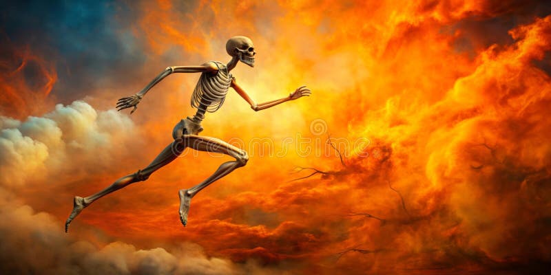 Skeleton Running through Fiery Clouds Stock Illustration - Illustration ...