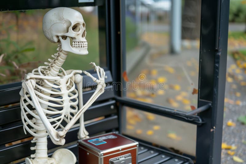 Skeleton Seated on a Bus Stop Bench with a Lunchbox Stock Photo - Image ...