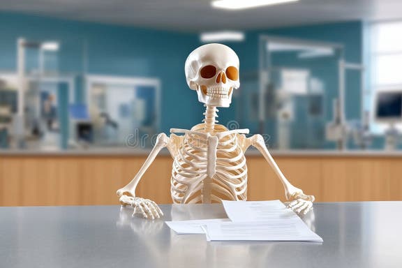 Skeleton Seated at an Office Table with Documents in a Modern Office ...