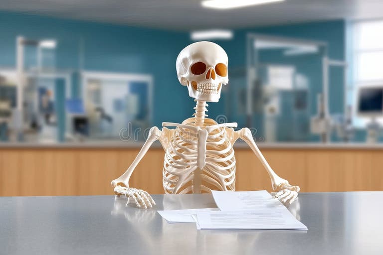 Skeleton Seated at an Office Table with Documents in a Modern Office ...
