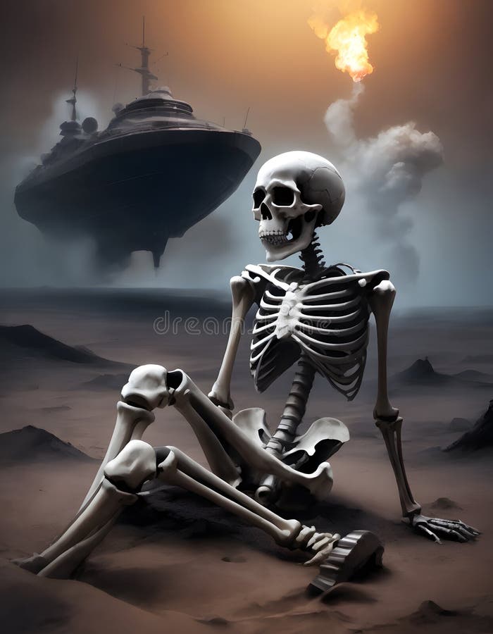 A Skeleton Sits on the Beach with a Boat in the Background Stock Image ...