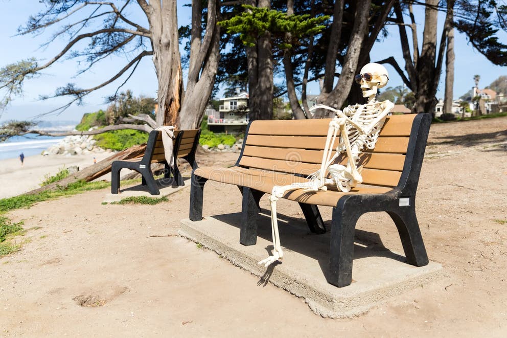 Skeleton Sits on a Bench at the Beach Watching the Ocean Stock Image ...