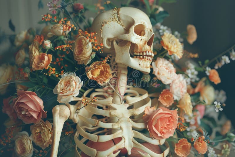 A Skeleton Sits at a Table Surrounded by a Bouquet of Flowers Stock ...