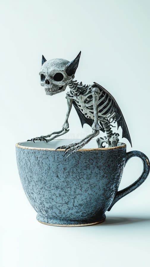 Skeleton Sitting in a Cup with a Cat Perched on Top in a Playful Scene ...