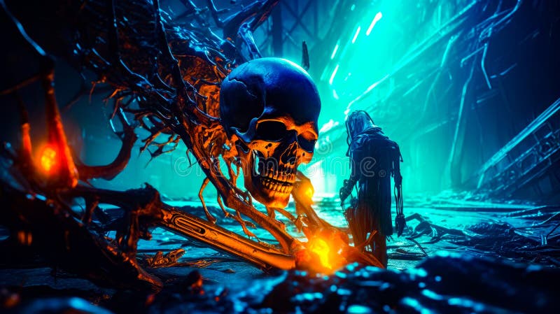 Skeleton Sitting in Front of Fire in Dark Room with Blue Lights ...