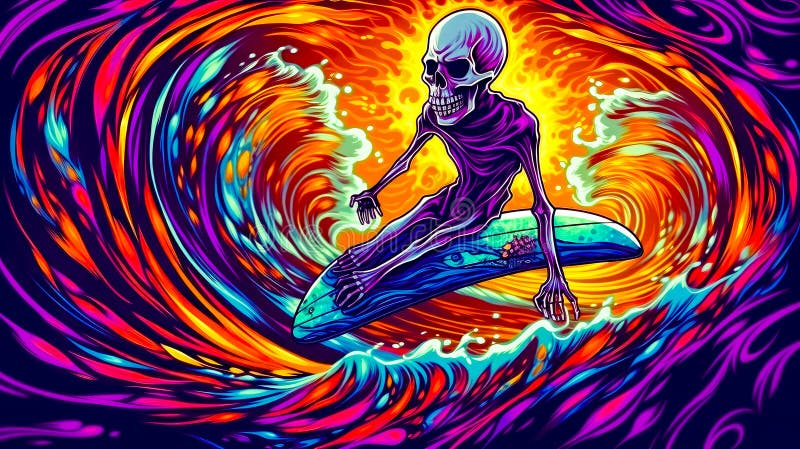 Skeleton Sitting on Surfboard in the Middle of Colorful Wave Stock ...
