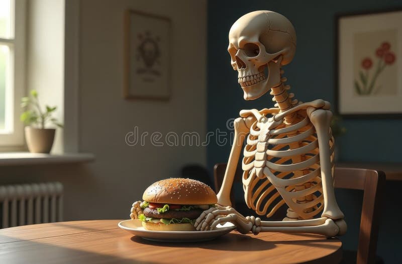 Skeleton Sitting at Table Looking at Burger about To Eat Lunch Stock ...