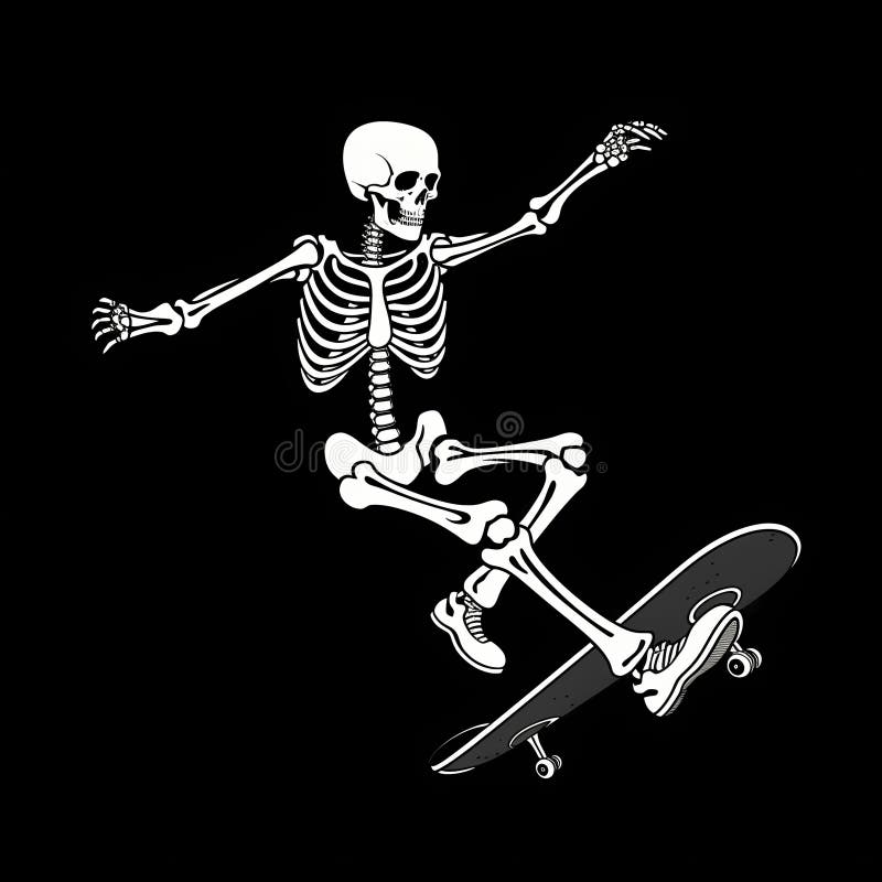 A Skeleton Skating on a Skateboard Against a Black Background Stock ...