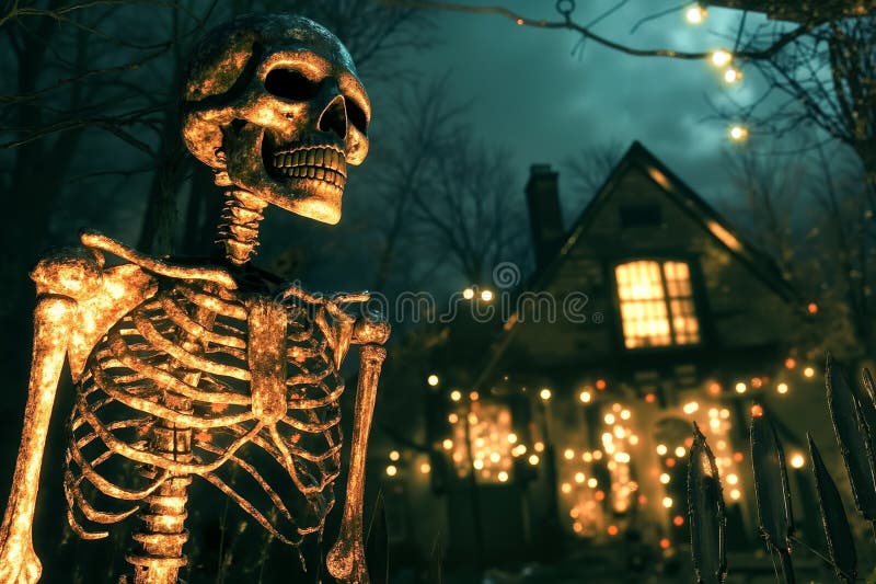 A Skeleton Standing in Front of a House at Night Stock Illustration ...