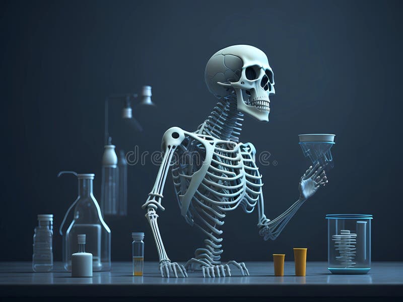 A Skeleton is Standing in Front of a Table with a Glass of Medicine ...