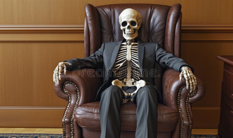 Skeleton in Suit Relaxing on Leather Chair in Elegant Office Setting ...