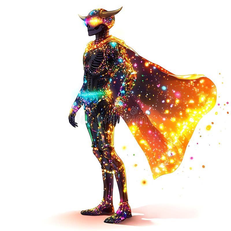 A Skeleton Superhero Stands Ready Dressed in Glowing Lights Stock ...