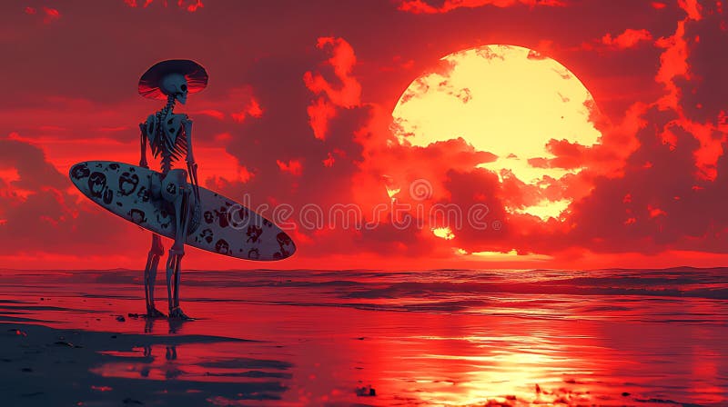 Skeleton Surfer at Sunset on a Blood-red Beach, Holding Surfboard with ...