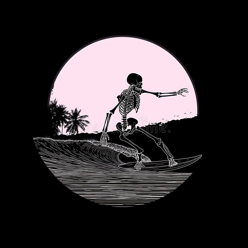 A Skeleton is Surfing on a Wave Against a Backdrop of a Large, Pale ...