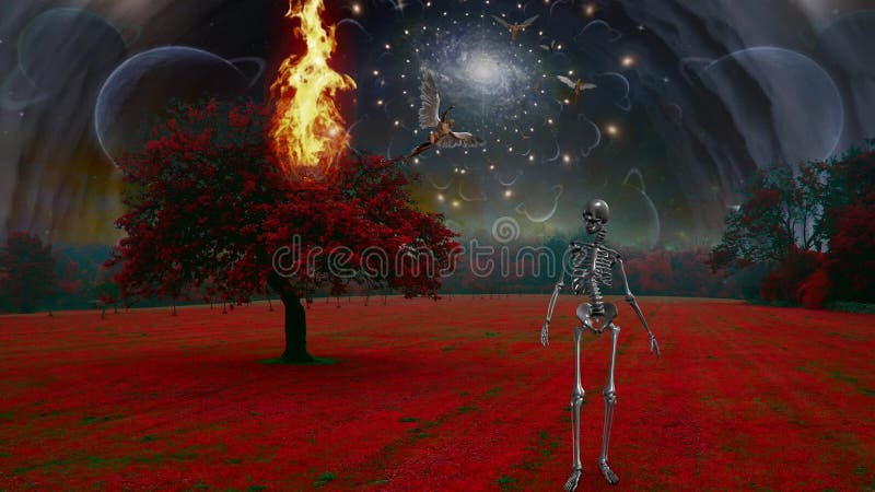 Skeleton in Surreal Landscape Stock Video - Video of colorful, death ...
