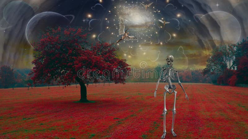 Skeleton in Surreal Landscape Stock Video - Video of religion, cosmic ...
