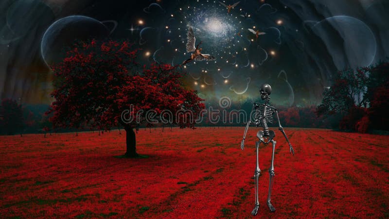 Skeleton in Surreal Landscape Stock Video - Video of colorful, death ...