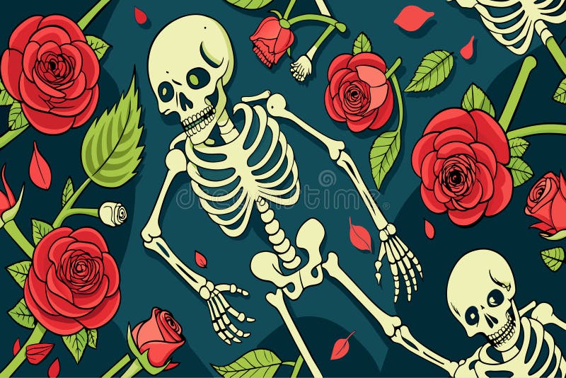A Skeleton is Surrounded by Roses and Leaves Stock Vector ...