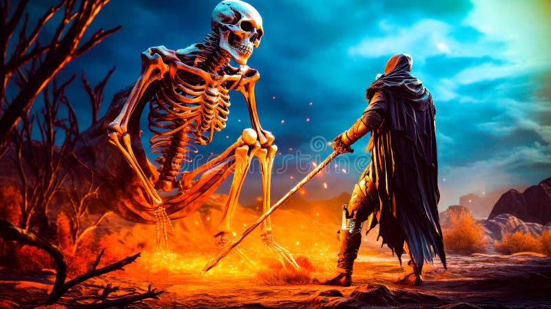 Skeleton with Sword and Skeleton in Desert with Sky Background ...