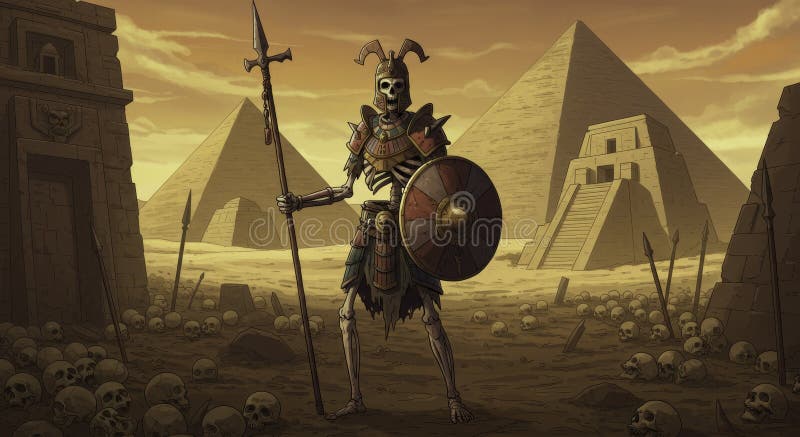 Skeleton Warrior Guarding Ancient Pyramids Stock Illustration ...