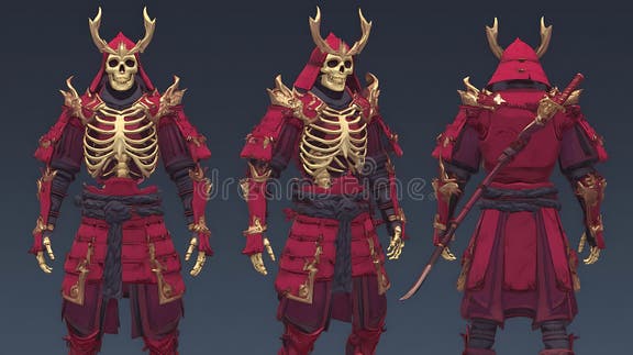 Skeleton Warrior in Samurai Armor, Shown from Three Angles. the Figure ...