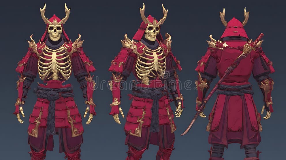 Skeleton Warrior in Samurai Armor, Shown from Three Angles. the Figure ...