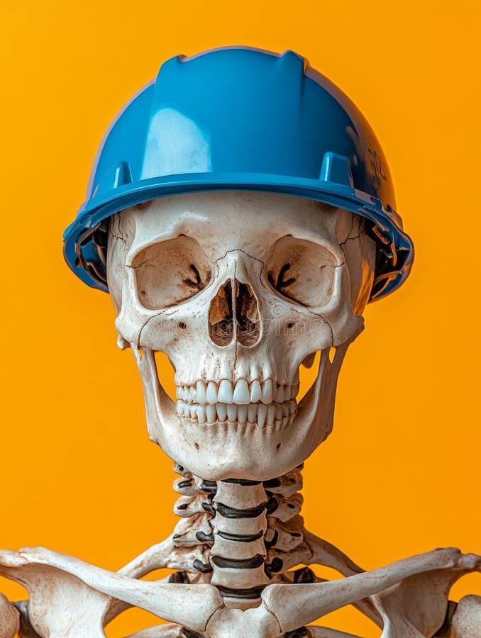 Skeleton Wearing a Blue Hardhat on an Orange Background. Stock Photo ...