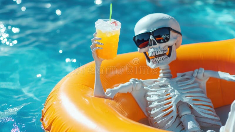 Skeleton Wearing Sunglasses Enjoying a Sunny Day on an Inflatable Pool ...