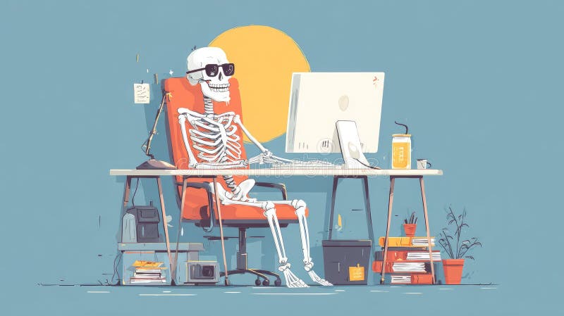 Skeleton Wearing Sunglasses Sits at a Desk with a Computer, Surrounded ...