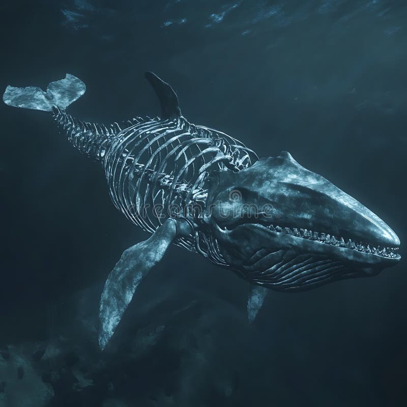 Skeleton of a Whale Swimming in Dark Ocean Waters Stock Illustration ...