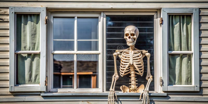 Skeleton in the Window of the House Generative AI Stock Image - Image ...