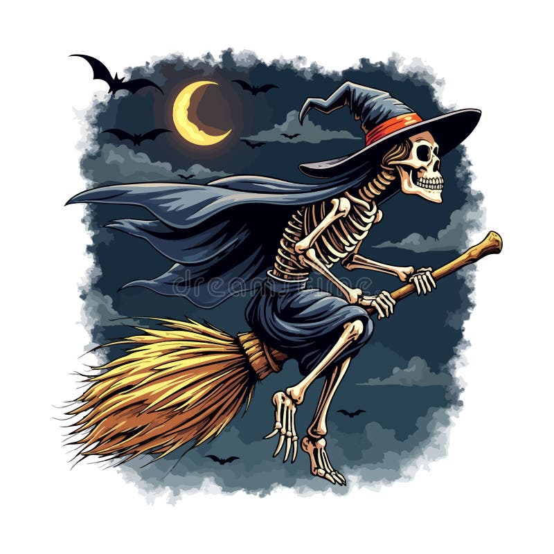A Skeleton Witch Flying on a Broomstick Under a Crescent Moon Stock ...