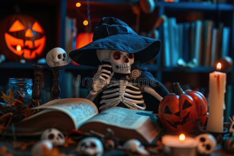 Skeleton Witch Reading in Spooky Library Surrounded by Halloween Decor ...