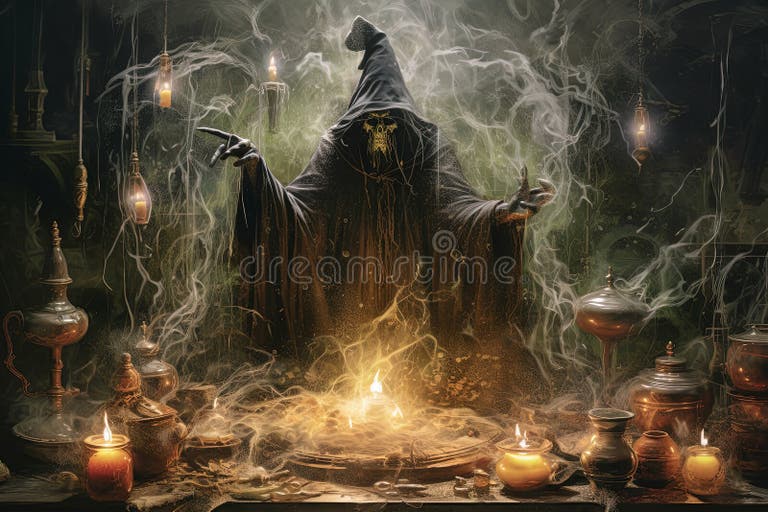 Skeleton of Wizard Inside a Library Creating a Magic Potion Inside a ...