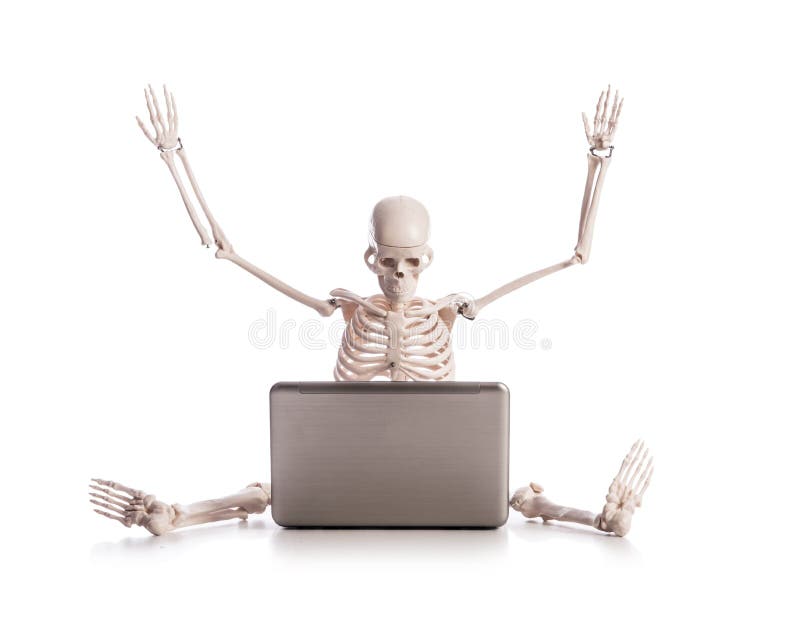 Skeleton working on laptop stock image. Image of hacker - 29057895